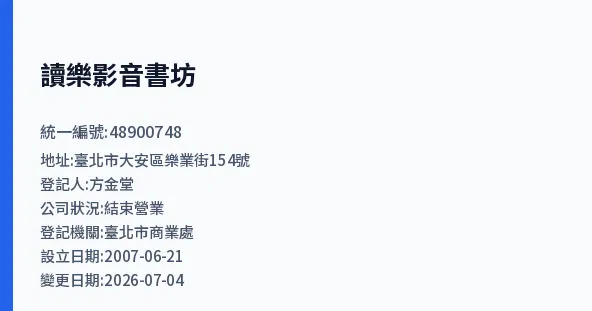 讀樂影音書坊的照片-統編 48900748(臺北市) 公司登記資料與營業項目詳細圖表