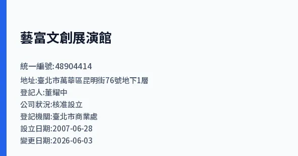 藝富文創展演館的照片-統編 48904414(臺北市) 公司登記資料與營業項目詳細圖表