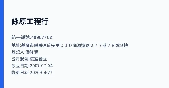 詠原工程行的照片-統編 48907708(基隆市) 公司登記資料與營業項目詳細圖表