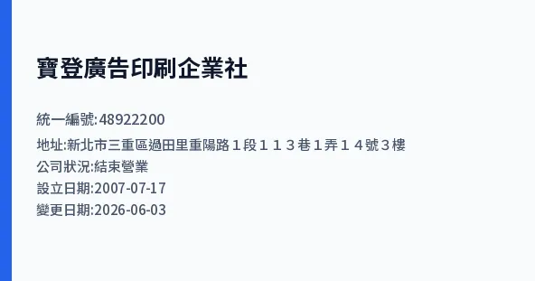 寶登廣告印刷企業社的照片-統編 48922200(新北市) 公司登記資料與營業項目詳細圖表