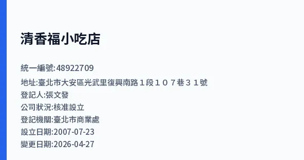 清香福小吃店的照片-統編 48922709(臺北市) 公司登記資料與營業項目詳細圖表