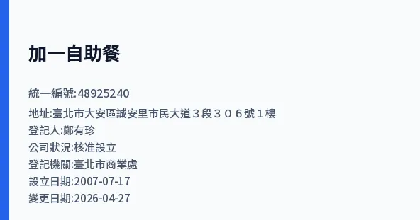 加一自助餐的照片-統編 48925240(臺北市) 公司登記資料與營業項目詳細圖表