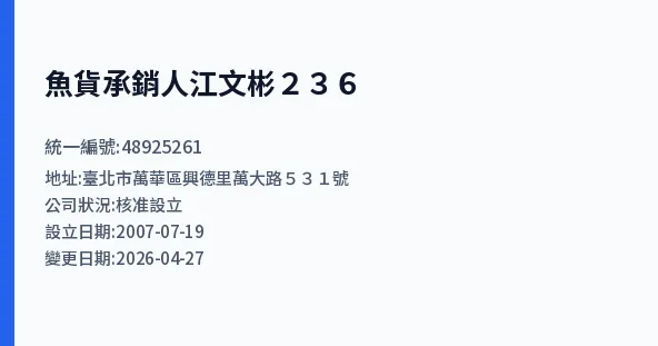 魚貨承銷人江文彬236的照片-統編 48925261(臺北市) 公司登記資料與營業項目詳細圖表