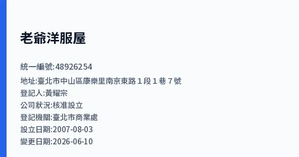 老爺洋服屋的照片-統編 48926254(臺北市) 公司登記資料與營業項目詳細圖表