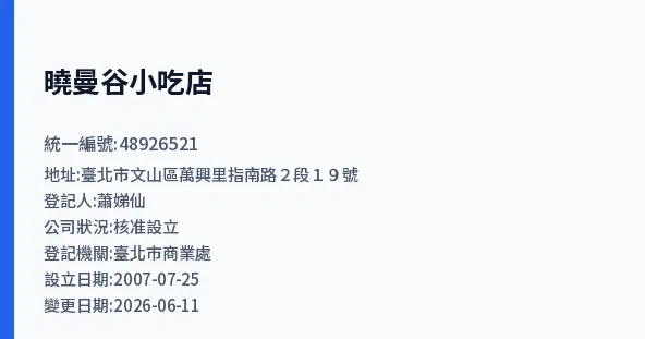 曉曼谷小吃店的照片-統編 48926521(臺北市) 公司登記資料與營業項目詳細圖表