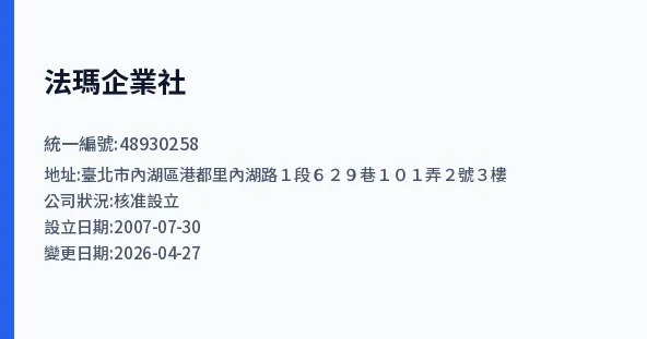 法瑪企業社的照片-統編 48930258(臺北市) 公司登記資料與營業項目詳細圖表