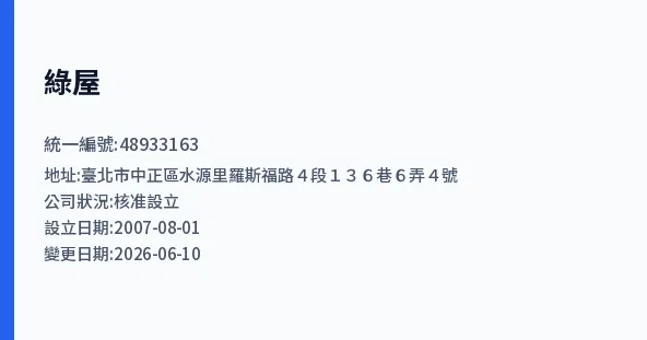 綠屋的照片-統編 48933163(臺北市) 公司登記資料與營業項目詳細圖表