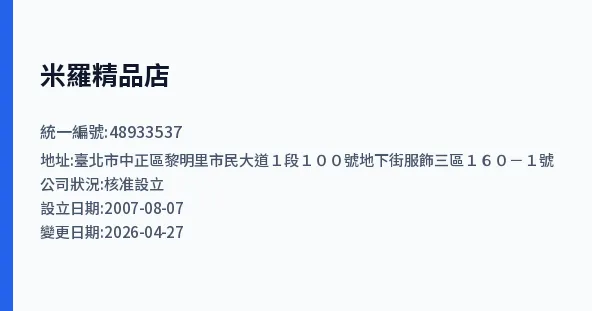 米羅精品店的照片-統編 48933537(臺北市) 公司登記資料與營業項目詳細圖表