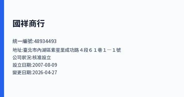 國祥商行的照片-統編 48934493(臺北市) 公司登記資料與營業項目詳細圖表