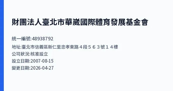 財團法人臺北市華崴國際體育發展基金會的照片-統編 48938792(臺北市) 公司登記資料與營業項目詳細圖表