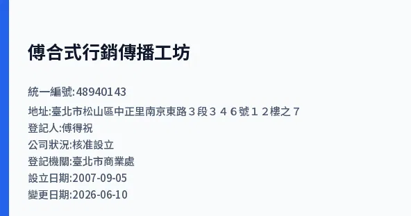 傅合式行銷傳播工坊的照片-統編 48940143(臺北市) 公司登記資料與營業項目詳細圖表