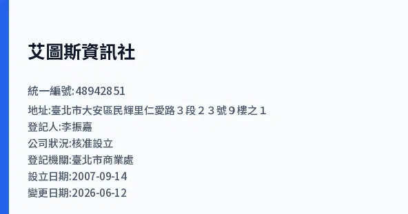 艾圖斯資訊社的照片-統編 48942851(臺北市) 公司登記資料與營業項目詳細圖表
