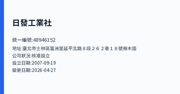 日發工業社的照片-統編 48946152(臺北市) 公司登記資料與營業項目詳細圖表