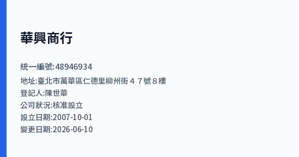 華興商行的照片-統編 48946934(臺北市) 公司登記資料與營業項目詳細圖表