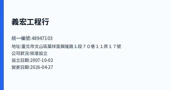 義宏工程行的照片-統編 48947103(臺北市) 公司登記資料與營業項目詳細圖表