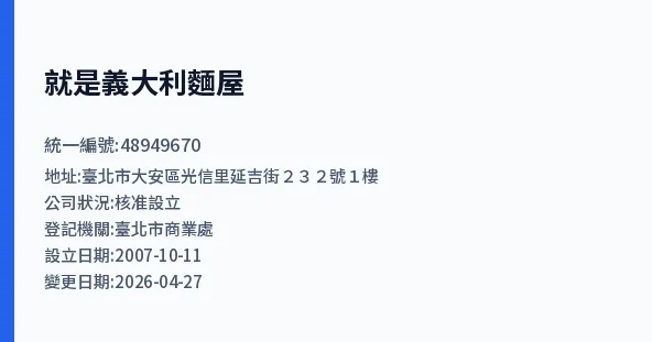 就是義大利麵屋的照片-統編 48949670(臺北市) 公司登記資料與營業項目詳細圖表