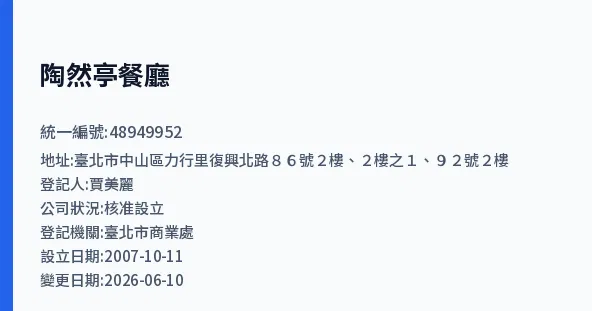 陶然亭餐廳的照片-統編 48949952(臺北市) 公司登記資料與營業項目詳細圖表