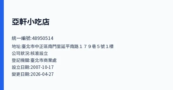 亞軒小吃店的照片-統編 48950514(臺北市) 公司登記資料與營業項目詳細圖表