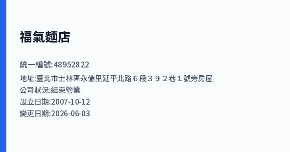 福氣麵店的照片-統編 48952822(臺北市) 公司登記資料與營業項目詳細圖表