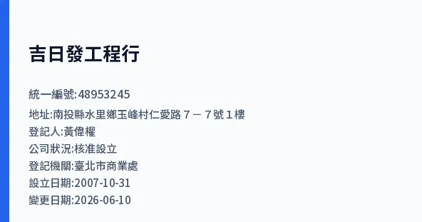 吉日發工程行的照片-統編 48953245(南投縣) 公司登記資料與營業項目詳細圖表