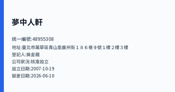 夢中人軒的照片-統編 48955308(臺北市) 公司登記資料與營業項目詳細圖表