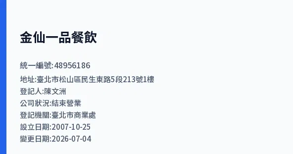 金仙一品餐飲的照片-統編 48956186(臺北市) 公司登記資料與營業項目詳細圖表