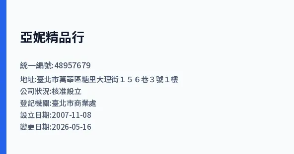 亞妮精品行的照片-統編 48957679(臺北市) 公司登記資料與營業項目詳細圖表