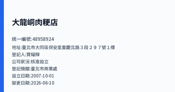 大龍峒肉粳店的照片-統編 48958924(臺北市) 公司登記資料與營業項目詳細圖表
