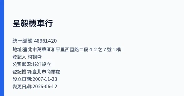 呈毅機車行的照片-統編 48961420(臺北市) 公司登記資料與營業項目詳細圖表