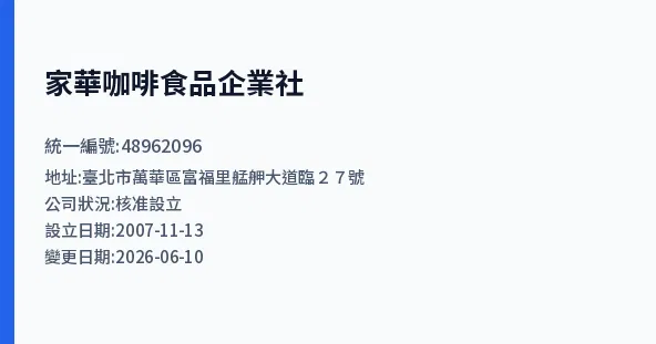 家華咖啡食品企業社的照片-統編 48962096(臺北市) 公司登記資料與營業項目詳細圖表