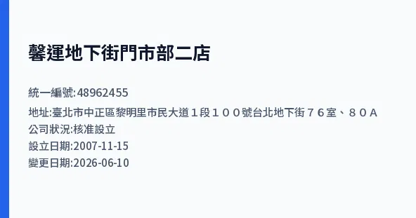 馨運地下街門市部二店的照片-統編 48962455(臺北市) 公司登記資料與營業項目詳細圖表