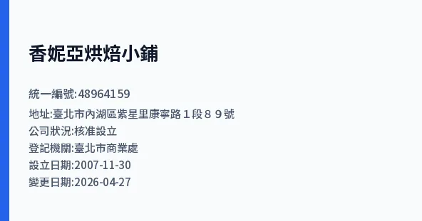 香妮亞烘焙小鋪的照片-統編 48964159(臺北市) 公司登記資料與營業項目詳細圖表