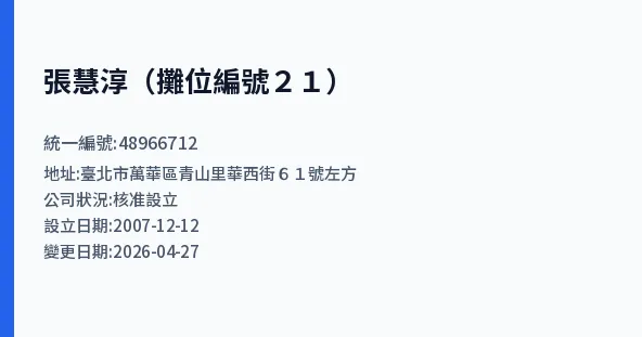 張慧淳(攤位編號21)的照片-統編 48966712(臺北市) 公司登記資料與營業項目詳細圖表