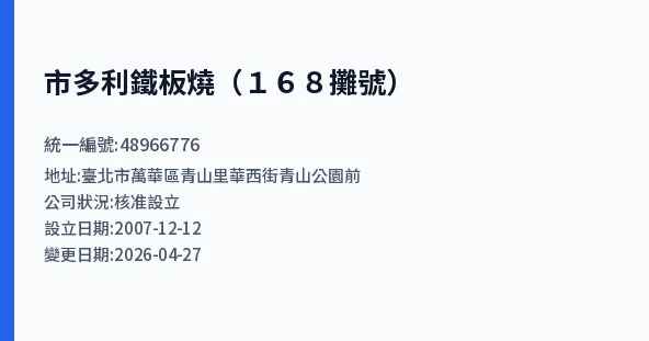 市多利鐵板燒(168攤號)的照片-統編 48966776(臺北市) 公司登記資料與營業項目詳細圖表