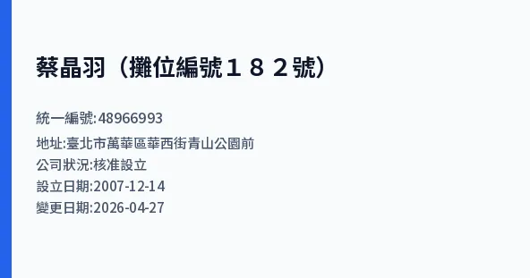 蔡晶羽(攤位編號182號)的照片-統編 48966993(臺北市) 公司登記資料與營業項目詳細圖表