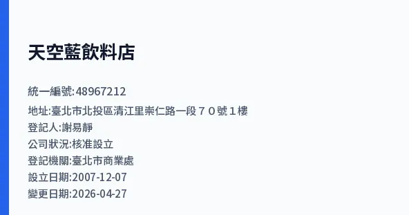 天空藍飲料店的照片-統編 48967212(臺北市) 公司登記資料與營業項目詳細圖表