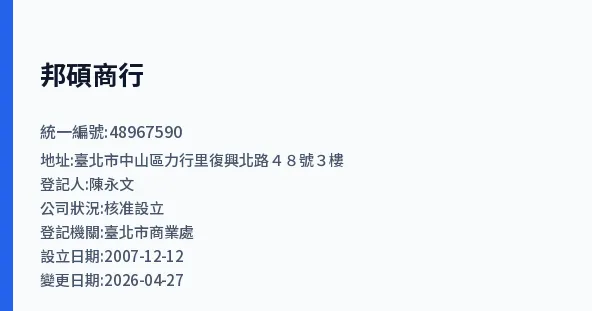 邦碩商行的照片-統編 48967590(臺北市) 公司登記資料與營業項目詳細圖表