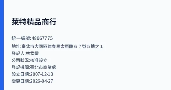 萊特精品商行的照片-統編 48967775(臺北市) 公司登記資料與營業項目詳細圖表