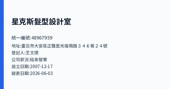 星克斯髮型設計室的照片-統編 48967959(臺北市) 公司登記資料與營業項目詳細圖表