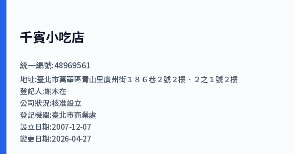 千賓小吃店的照片-統編 48969561(臺北市) 公司登記資料與營業項目詳細圖表