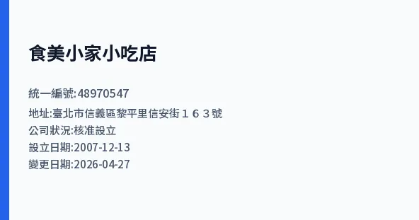 食美小家小吃店的照片-統編 48970547(臺北市) 公司登記資料與營業項目詳細圖表