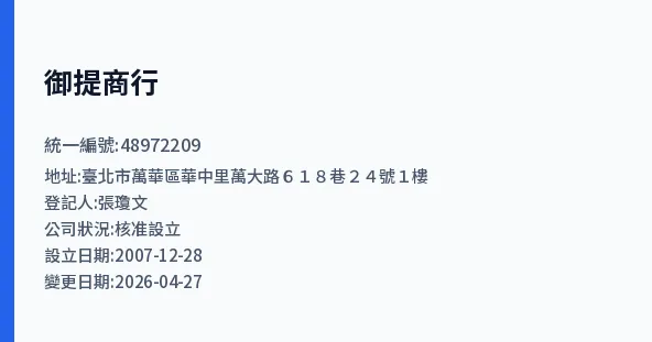御提商行的照片-統編 48972209(臺北市) 公司登記資料與營業項目詳細圖表