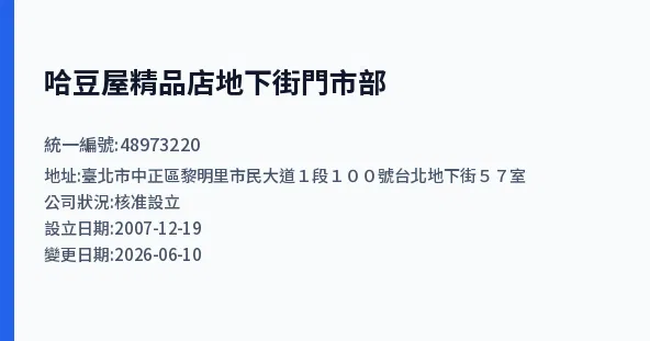 哈豆屋精品店地下街門市部的照片-統編 48973220(臺北市) 公司登記資料與營業項目詳細圖表