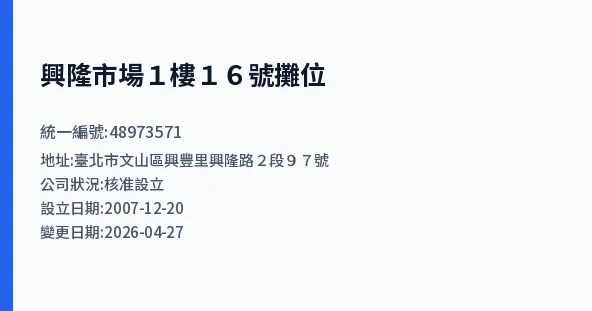 興隆市場1樓16號攤位的照片-統編 48973571(臺北市) 公司登記資料與營業項目詳細圖表