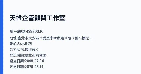 天帷企管顧問工作室的照片-統編 48980030(臺北市) 公司登記資料與營業項目詳細圖表