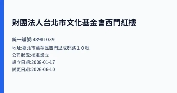 財團法人台北市文化基金會西門紅樓的照片-統編 48981039(臺北市) 公司登記資料與營業項目詳細圖表