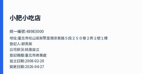 小肥小吃店的照片-統編 48983000(臺北市) 公司登記資料與營業項目詳細圖表