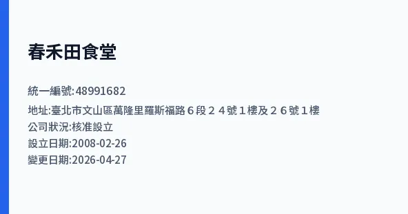 春禾田食堂的照片-統編 48991682(臺北市) 公司登記資料與營業項目詳細圖表