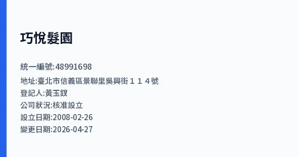 巧悅髮園的照片-統編 48991698(臺北市) 公司登記資料與營業項目詳細圖表