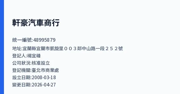 軒豪汽車商行的照片-統編 48995879(宜蘭縣) 公司登記資料與營業項目詳細圖表